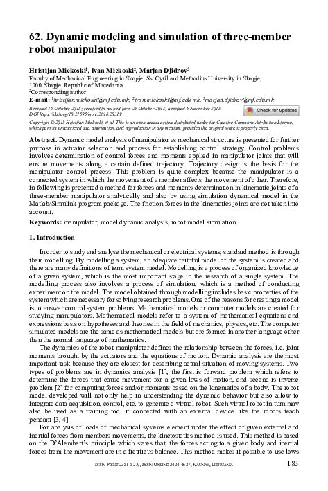 pdf dynamic modeling and simulation of three member robot manipulator ivan mickoski