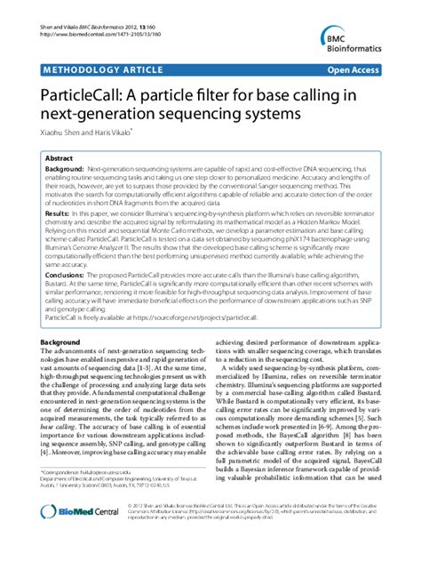 pdf particlecall a particle filter for base calling in next generation sequencing systems
