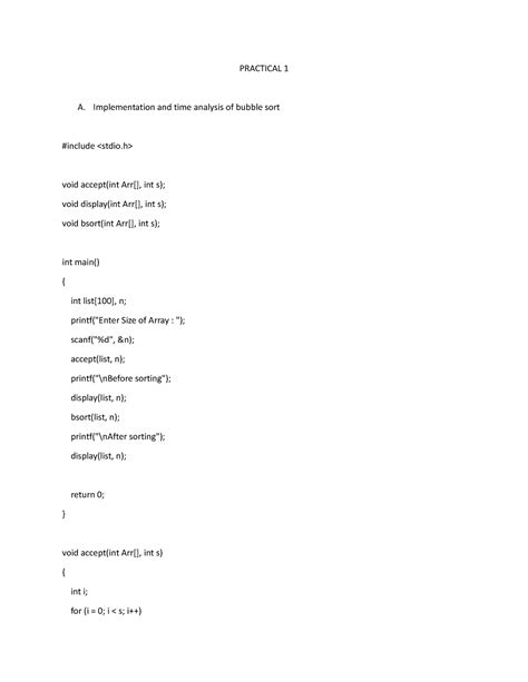 practical 1 ada 123 practical 1 a implementation and time analysis of bubble sort include