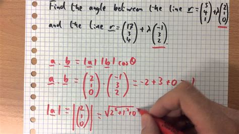 finding the angle between 2 lines in vector form youtube