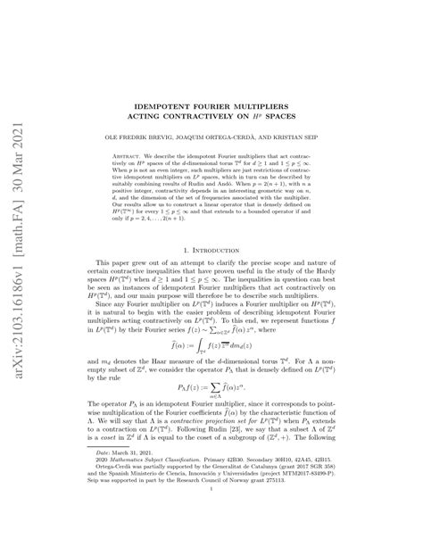 pdf idempotent fourier multipliers acting contractively on h p spaces