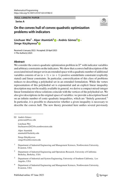 pdf on the convex hull of convex quadratic optimization problems with indicators