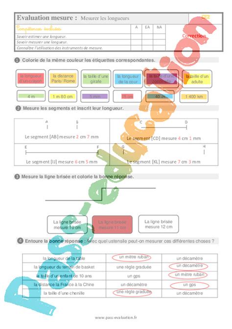 Evaluation avec le corrigé pour le Ce2 sur mesurer les longueurs