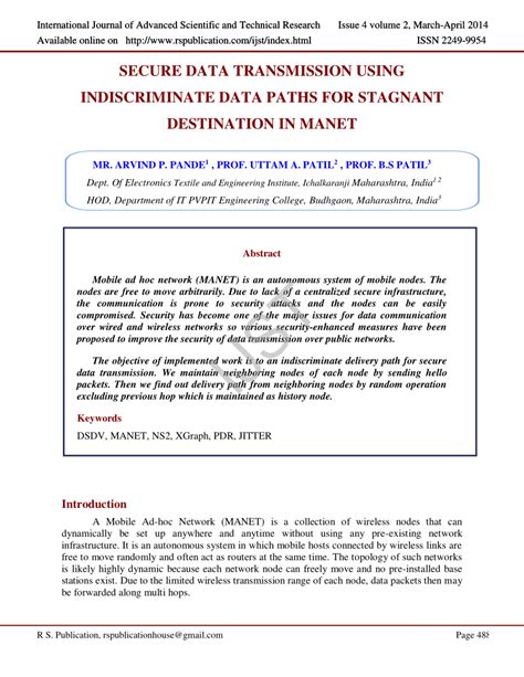pdf secure data transmission using indiscriminate data paths for stagnant destination in manet