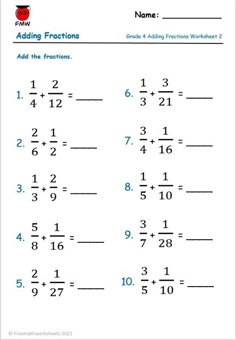 adding fractions with unlike denominators free worksheets printables