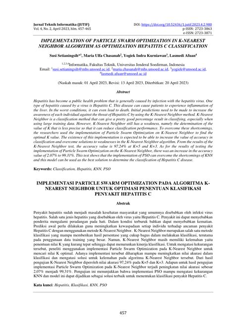 pdf implementation of particle swarm optimization in k nearest neighbor algorithm as