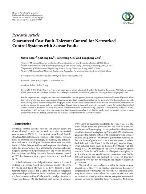 pdf guaranteed cost fault tolerant control for networked control systems with sensor faults