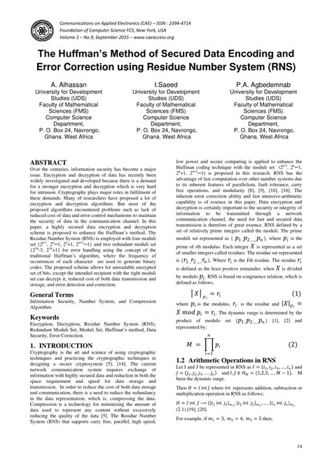 pdf the huffman s method of secured data encoding and error correction using residue number