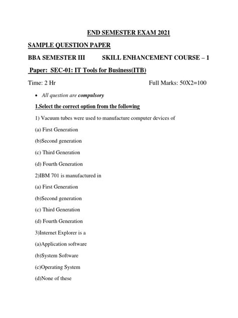end semester exam 2021 sample question paper bba semester iii skill enhancement course 1 paper