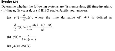 solved exercise 1 10 determine whether the following systems are i memoryless ii time