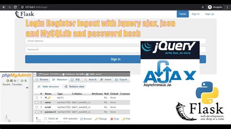 python flask mysqldb login register logout with jquery ajax json and and password hash youtube