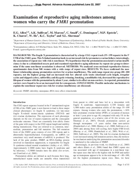 pdf examination of reproductive aging milestones among women who carry the fmr1 premutation