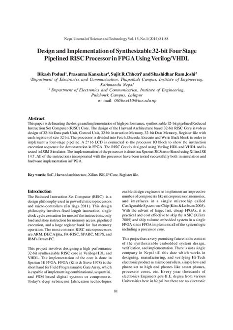 pdf design and implementation of synthesizable 32 bit four stage pipelined risc processor in