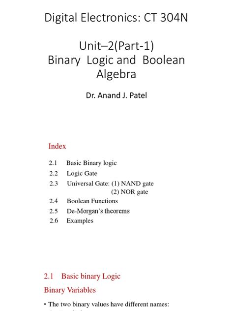 digital electronics ct 304n unit 2 part 1 binary logic and boolean algebra pdf logic gate