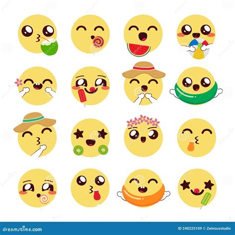 Emoji Kawaii Summer Emoticon Vector Set Chibi Emojis In Cute Facial