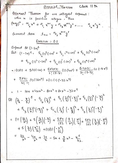 Binomial Theorem HANDWRITTEN NCERT Solutions Class 11 Maths