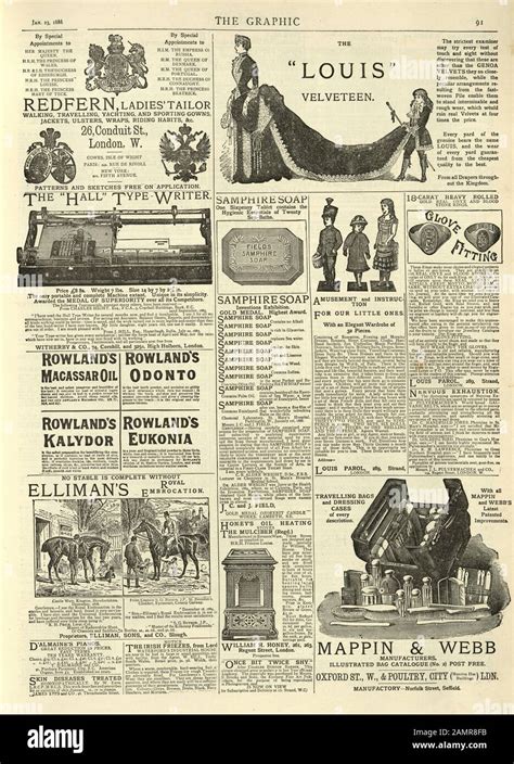 Page Of Adverts From The Graphic Illustrated Newspaper 1886 Louis Velveteen Hall Type Writer
