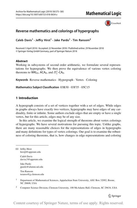 reverse mathematics and colorings of hypergraphs request pdf