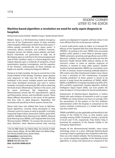 pdf machine based algorithm a revolution we need for early sepsis diagnosis in hospitals