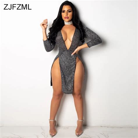 Shiny Double High Split Sexy Sheath Dress Women Deep V Neck Long Sleeve Bodycon Dress Elegant