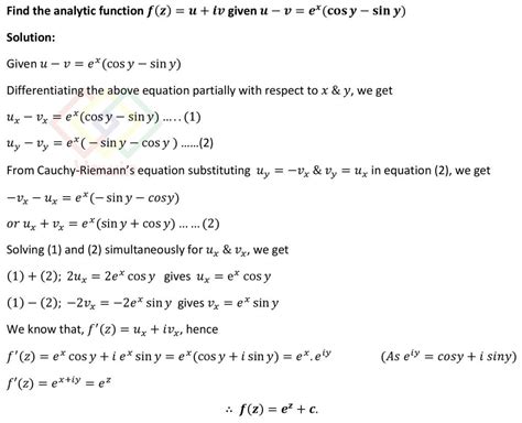 find the analytic function f z u iv given u v e x cosy siny yawin