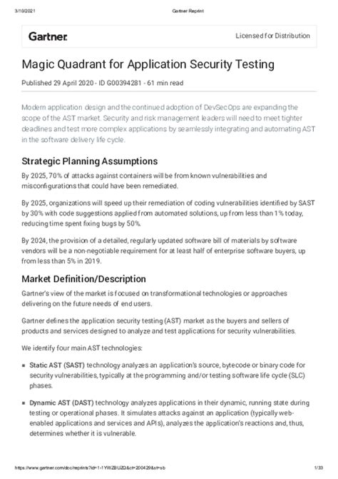 Gartner Magic Quadrant For Application Security Testing 2020