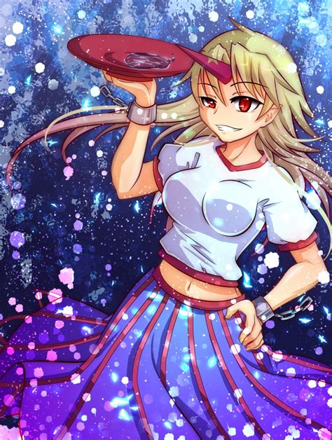 Safebooru Amagumo Blonde Hair Bowl Breasts Chain Chains Cuffs Grin Hand On Hip Hips Horn