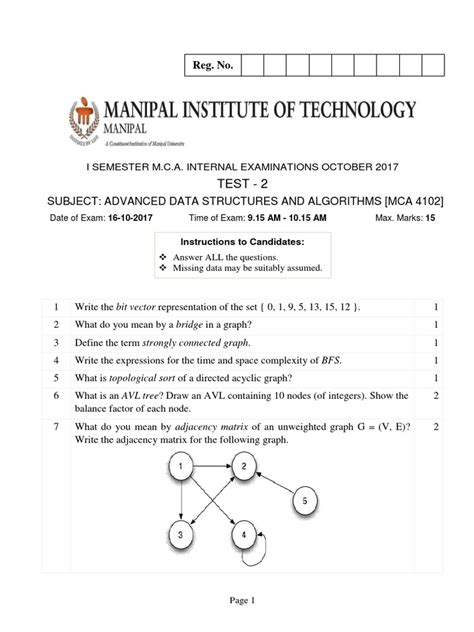 test 2 subject advanced data structures and algorithms mca 4102 pdf vertex graph