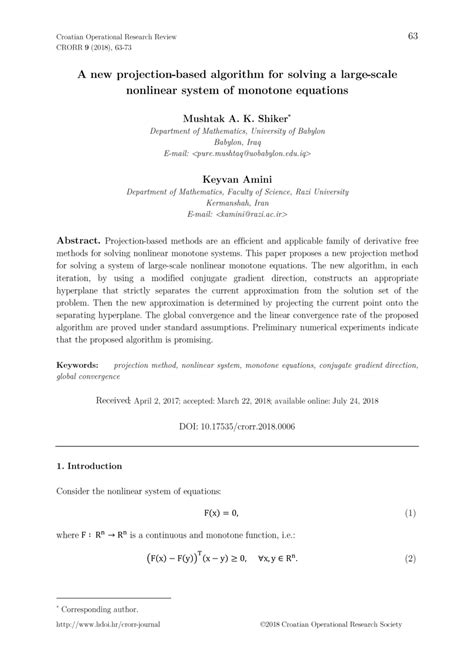 pdf a new projection based algorithm for solving a large scale nonlinear system of monotone