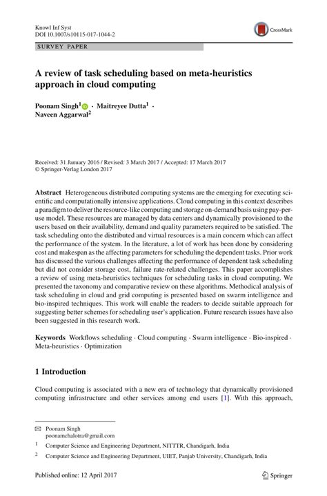 pdf a review of task scheduling based on meta heuristics approach in cloud computing
