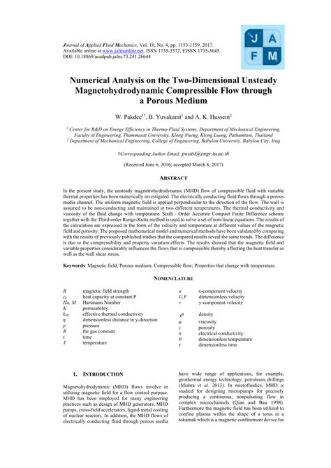 pdf numerical analysis on the two dimensional unsteady magnetohydrodynamic compressible flow
