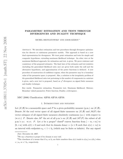 pdf parametric estimation and tests through divergences and duality technique