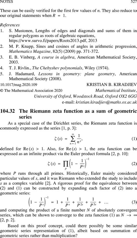 104 32 the riemann zeta function as a sum of geometric series the mathematical gazette