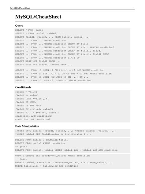 mysql cheatsheet pdf sql data management software