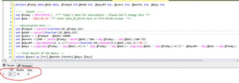 sql query to calculate age using given date of birth dob