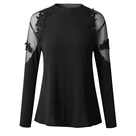 Sexy Black Lace Blouse Women Stand Collar Long Sleeve Sheer Top Shirt Casual Blouses Mesh Tops