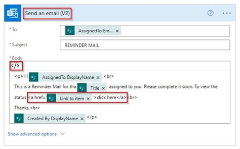 code view hyperlink rewritten send an email v2 action dynamic content in power automate
