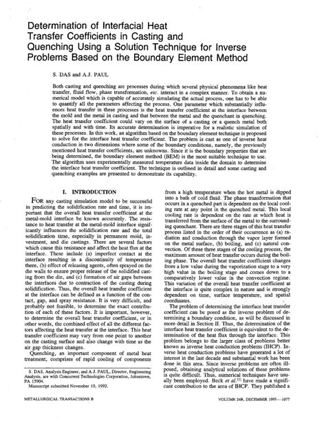 pdf determination of interfacial heat transfer coefficients in casting and quenching using a