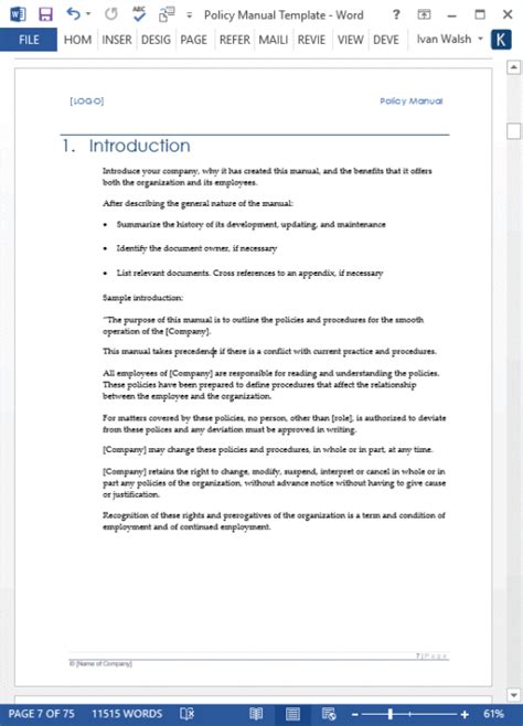 Policy Manual Template MS Word Templates Forms Checklists For MS