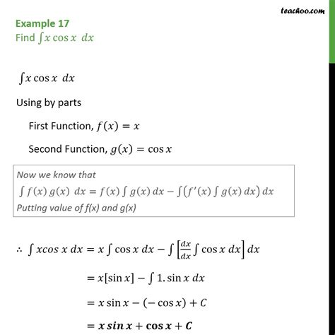 example 17 find integral x cos x dx chapter 7 class 12