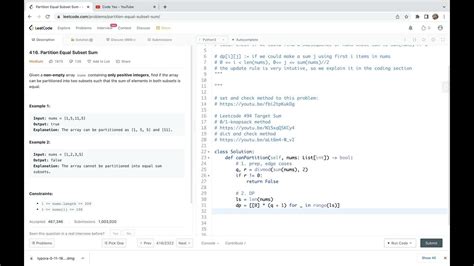 leetcode 416 partition equal subset sum 0 1 knapsack problem dp solution youtube