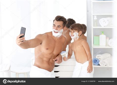 Father Son Having Fun While Shaving Bathroom Stock Photo By NewAfrica