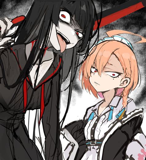 Safebooru 2girls Ahoge Apron Bangs Black Hair Black Jacket Black Sailor Collar Black Serafuku