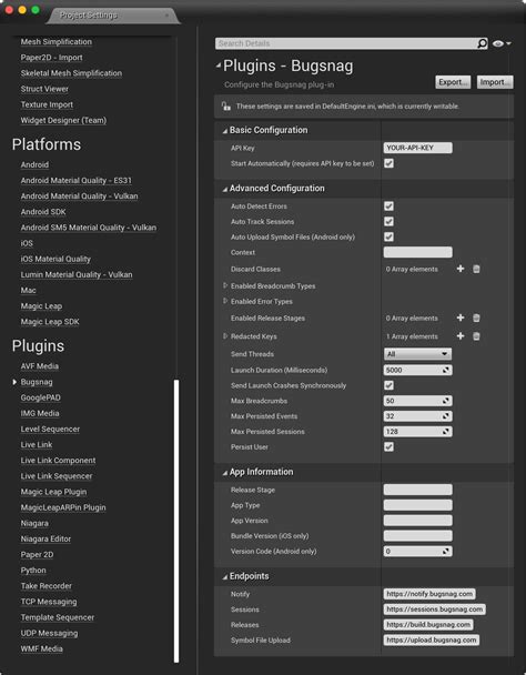 BugSnag Docs Platforms Unreal Engine Configuration Options
