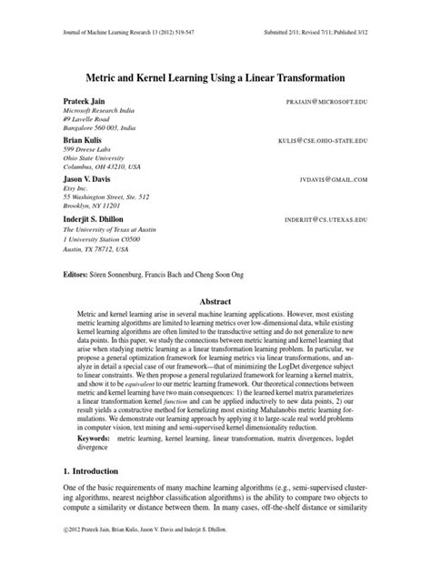 metric and kernel learning using a linear transformation prateek jain pdf matrix