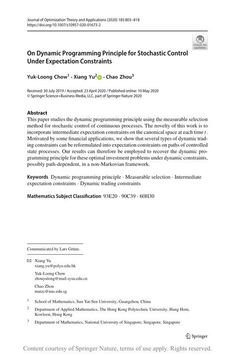 on dynamic programming principle for stochastic control under expectation constraints request pdf