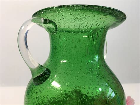 Vintage Art Glass Vase Emerald Green Bubble Glass W Clear Handles And Base Hand Blown Glass