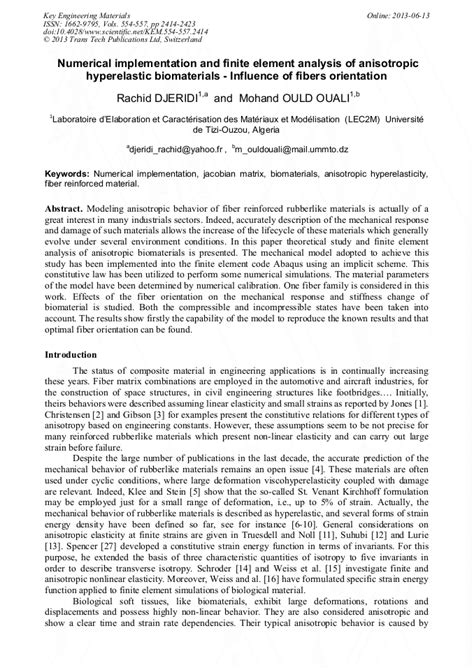 numerical implementation and finite element analysis of anisotropic hyperelastic biomaterials