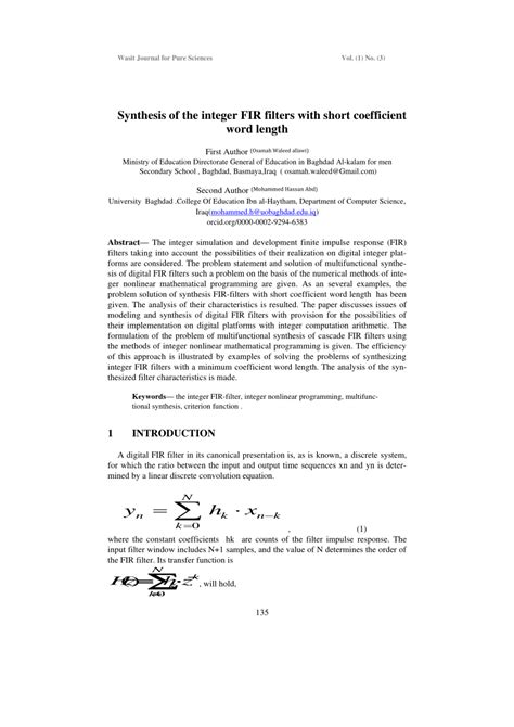 pdf synthesis of the integer fir filters with short coefficient word length
