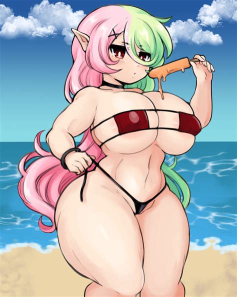 Rule 34 1girls Areolae Beach Big Breasts Bikini Breasts Busty Elf Eyepatch Bikini Female